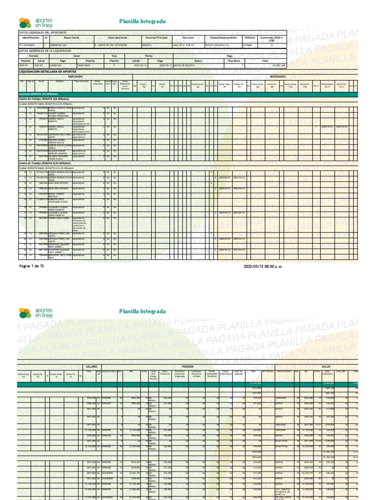 Planilla Arl Embopack Mayo | PDF | Ingresos | Pensión