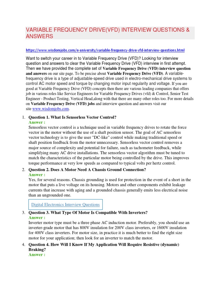 Variable Frequency Drive (VFD) Interview Questions | PDF | Electric ...