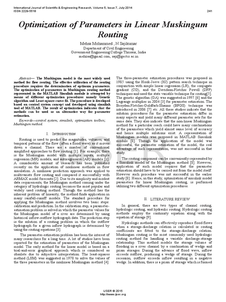 Optimization of Parameters in Linear Muskingum Routing | PDF Optimization of Parameters in Linear Muskingum Routing | PDF