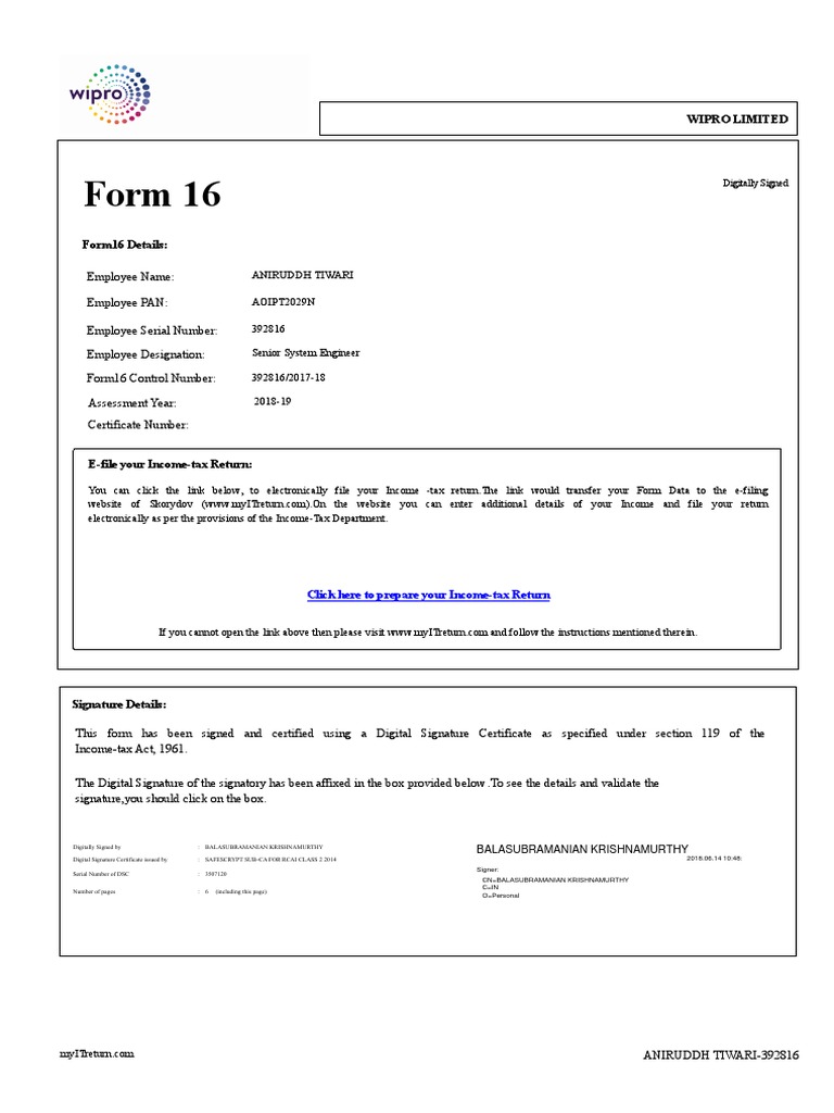 Form 16: Wipro Limited | PDF | Employee Benefits | Taxes