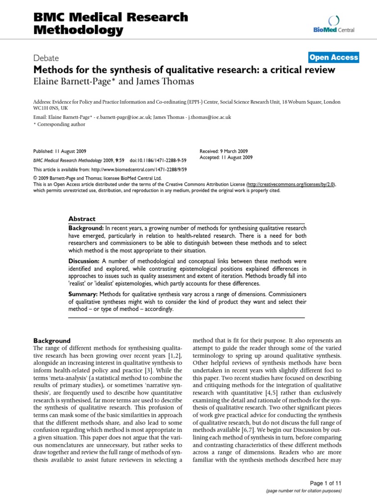 Methods For The Synthesis of Qualitative Research A Critical Review PDF ...
