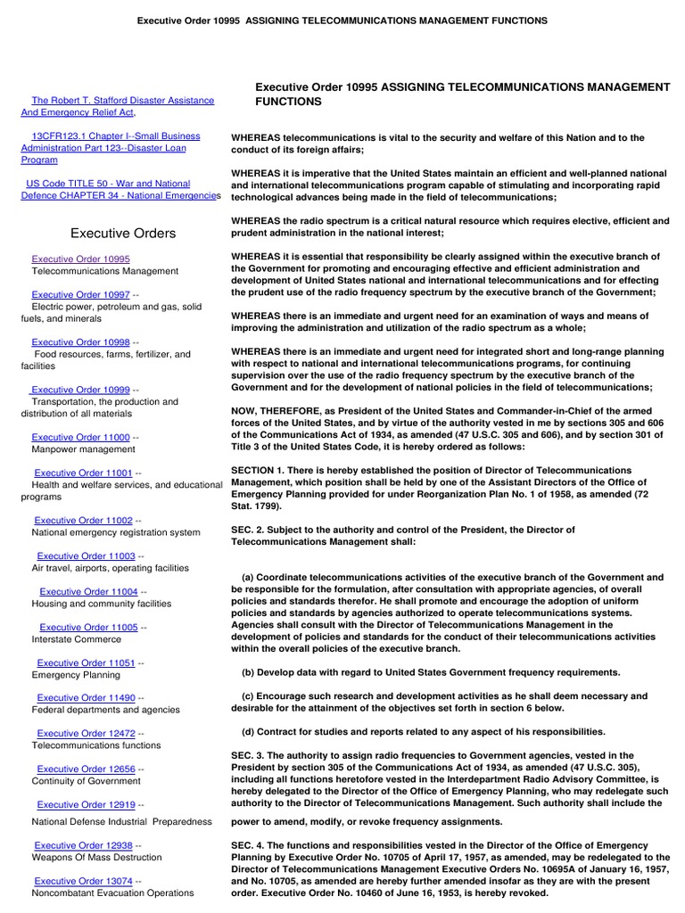 Executive Order 10995 ASSIGNING TELECOMMUNICATIONS MANAGEMENT FUNCTIONS ...
