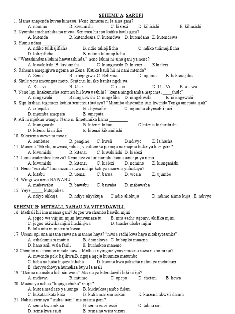 Maswali Ya Kujipima Darasa La Saba | PDF