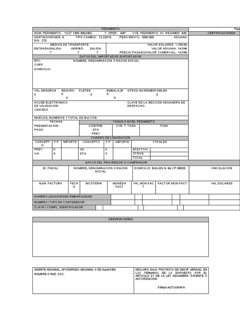Ejemplo de Pedimento de Importación | PDF | Cumplimiento de la ley ...
