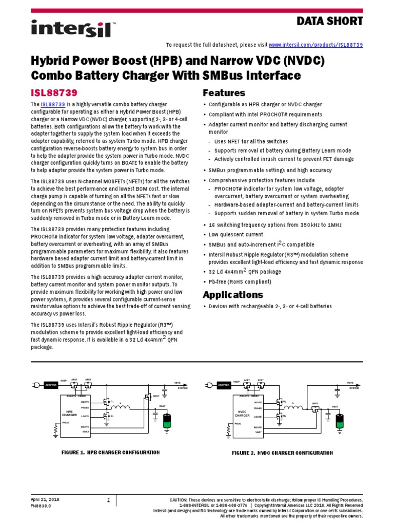 Intersil ISL88739HRZ T Datasheet | PDF | Battery Charger | Mosfet