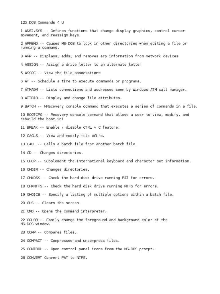 125 Dos Commands | PDF | Command Line Interface | Computer File