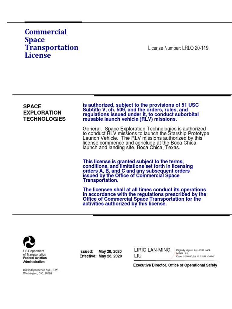 SpaceX Starship Prototype Suborbital FAA Launch License - May 27 2020 ...