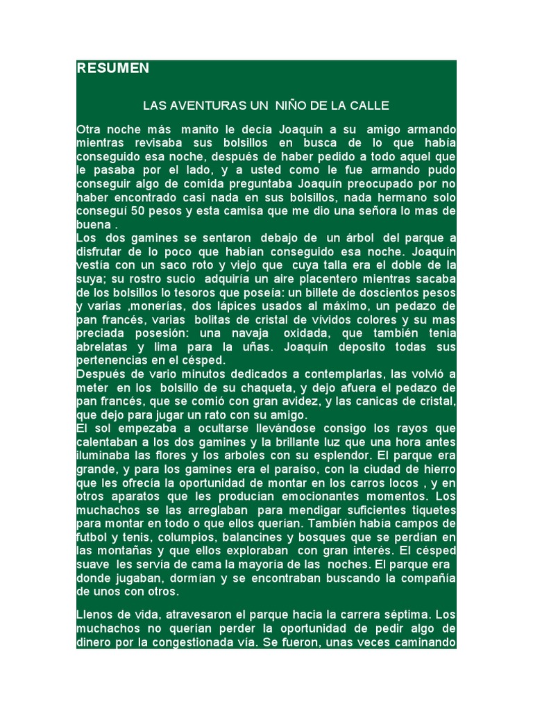Resumen Aventuras de Un Niño de La Calles | PDF