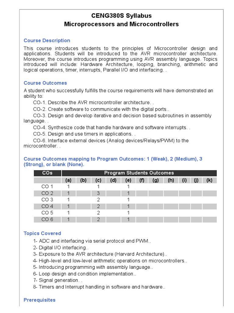 CENG380S Syllabus Microprocessors and Microcontrollers: Course Description | PDF ...