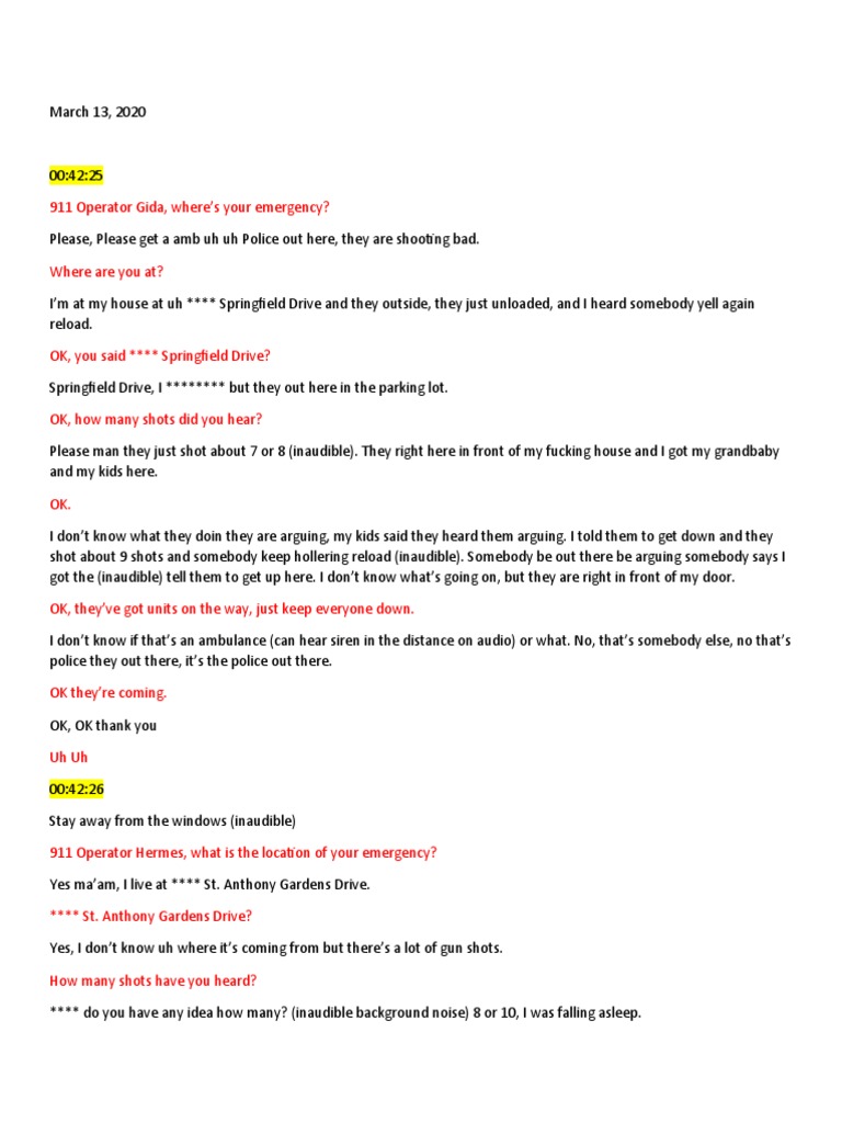 Transcript of 911 Calls From The Night Breonna Taylor Was Killed | PDF