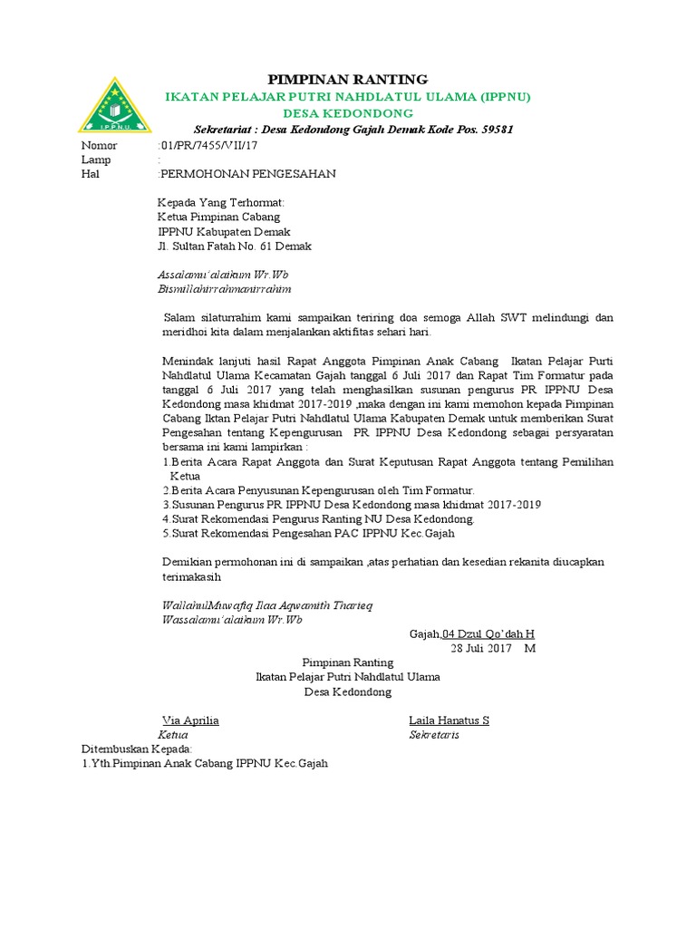 Contoh Surat Pengajuan SP PR IPPNU Di Gajah | PDF