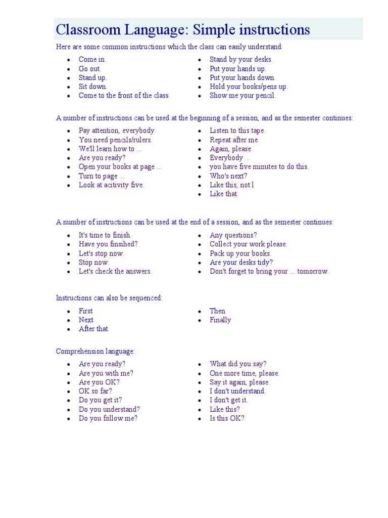 Classroom Language: Simple Instructions | PDF