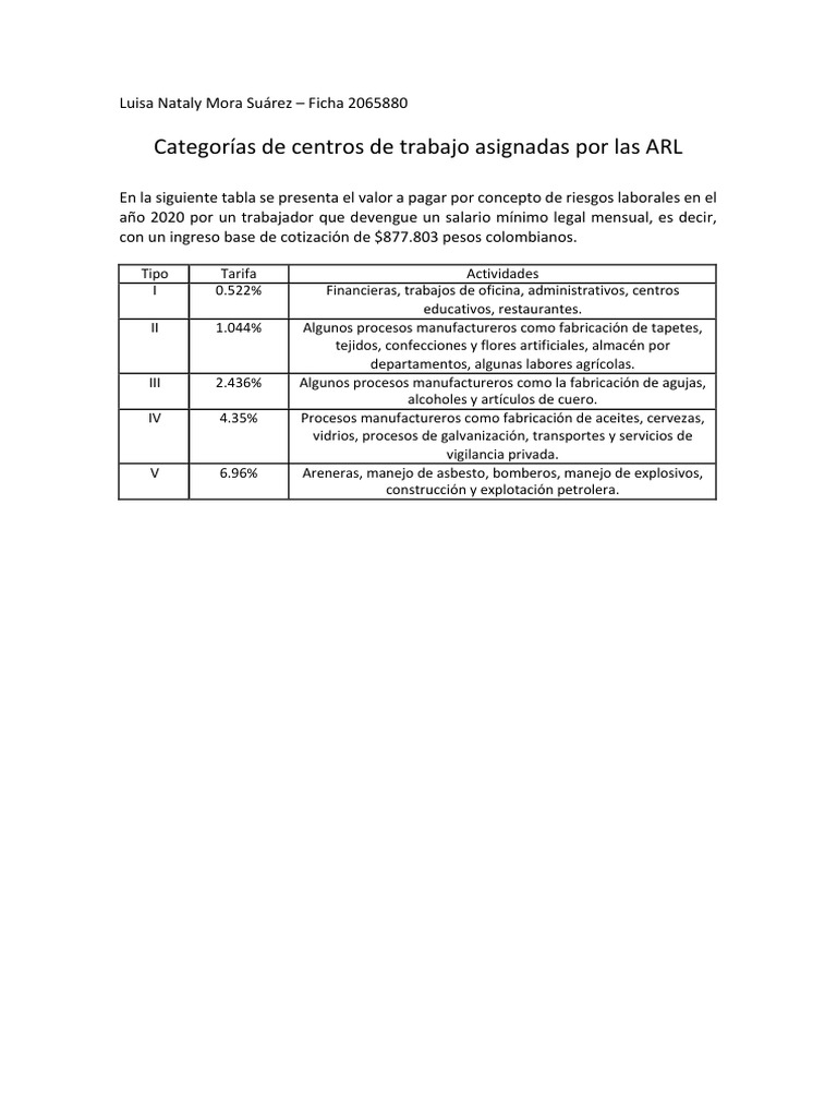 Tabla de Riesgos Laborales-Luisa Nataly Mora Suarez | PDF