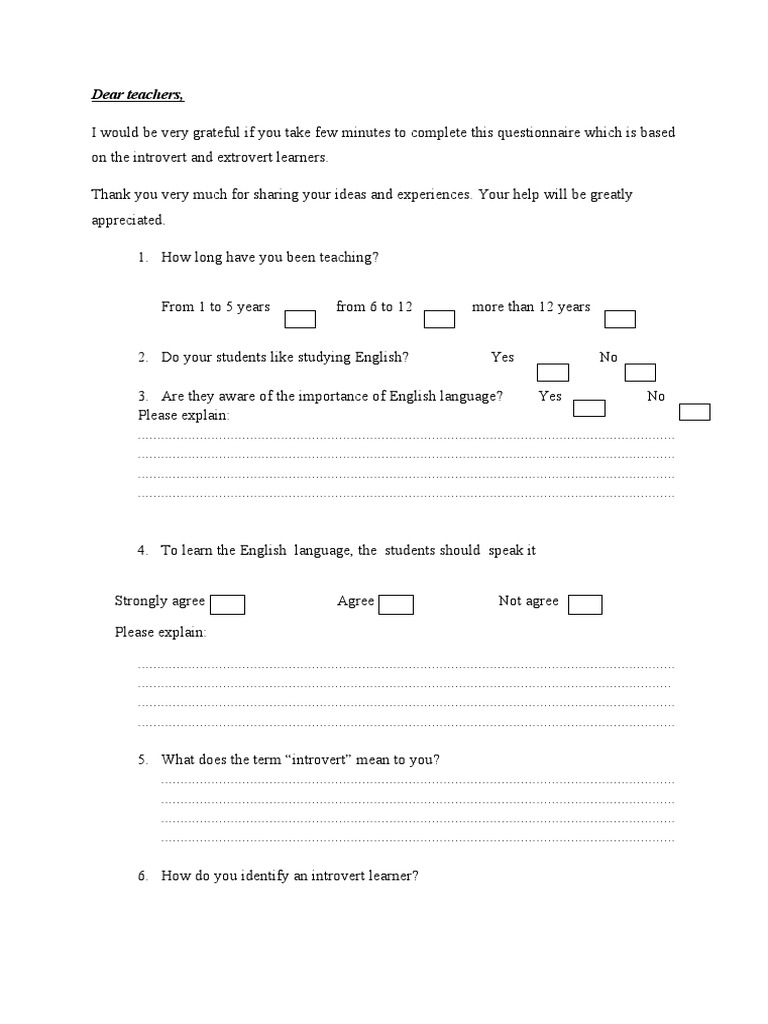 Questionnaire-2 Docxx | PDF | Extraversion And Introversion | Classroom
