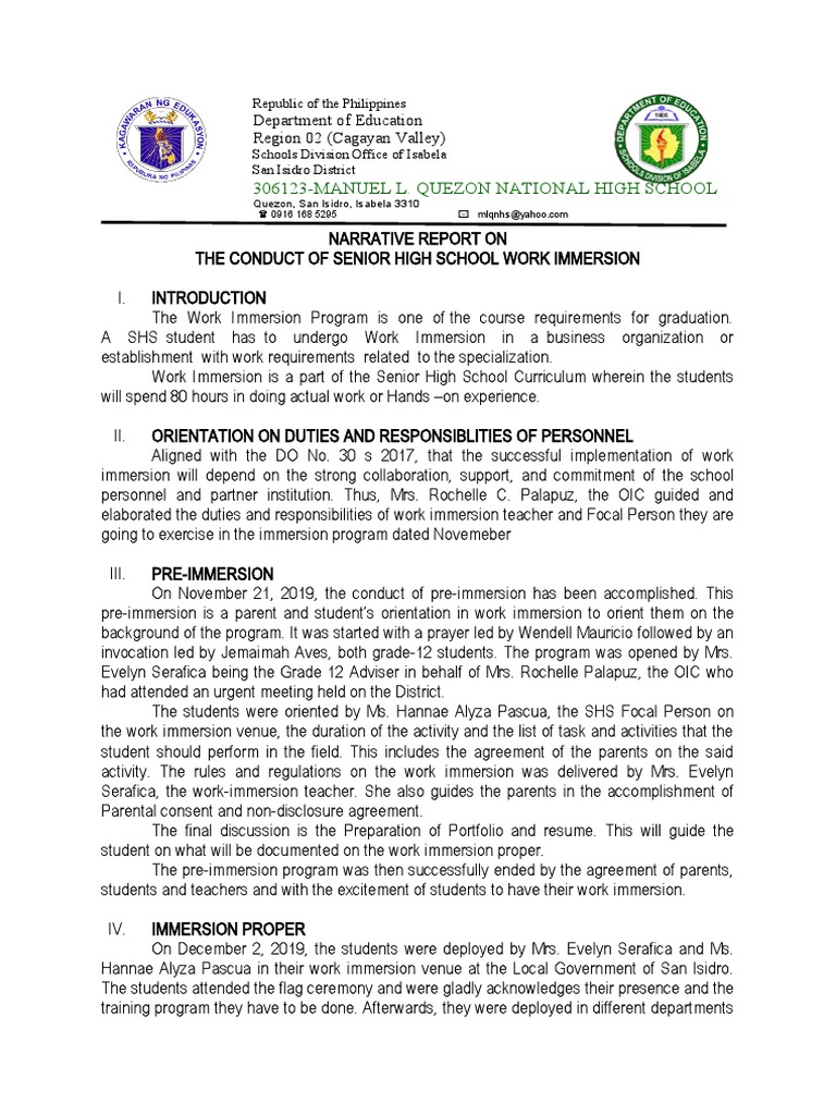 Narrative Report On Work Immersion | PDF | Learning | Behavior Modification