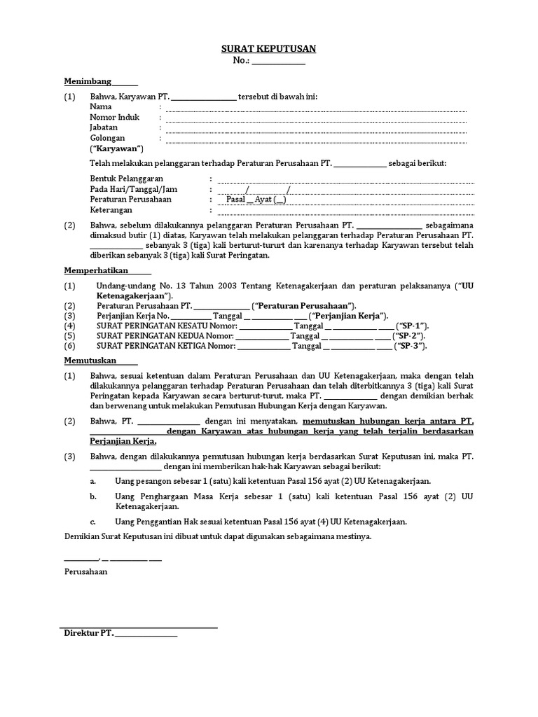 Draf Surat Keputusan Pemutusan Hubungan Kerja (PHK) | PDF