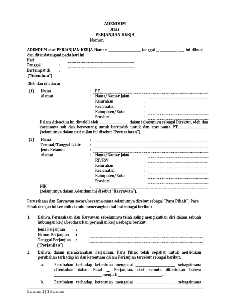Draf Adendum Perjanjian Kerja (PKWT Dan PKWTT) | PDF