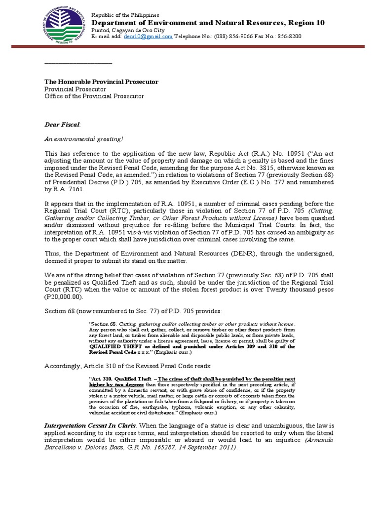 Sample Letter - P.D. 705 Vis-A-Vis R.A. 10951 | PDF | Theft | Criminal Law