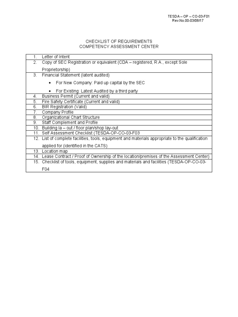 TESDA Assessment Center Requirements Checklist | PDF | Technology ...