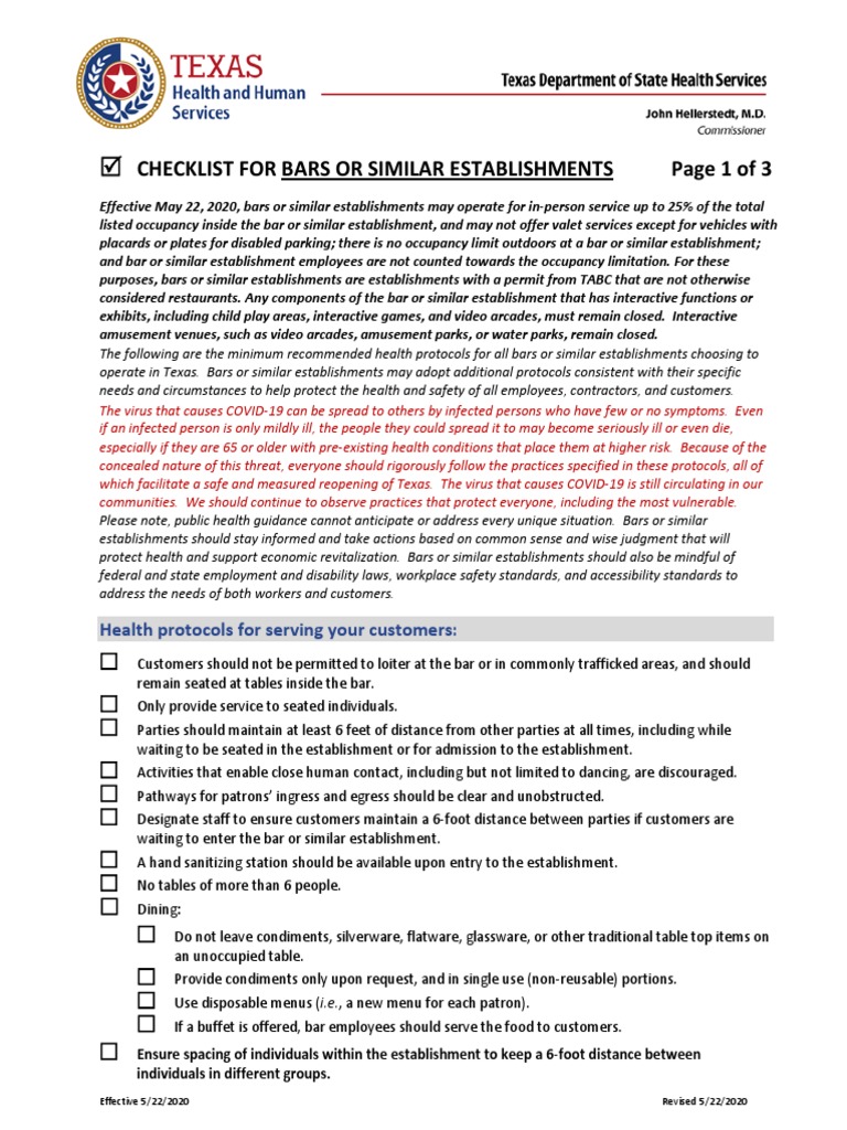 Bars Checklist | PDF | Hygiene | Hand Washing