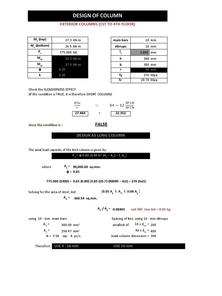 Design of Column: Exterior Columns (1St To 4Th Floor) | PDF