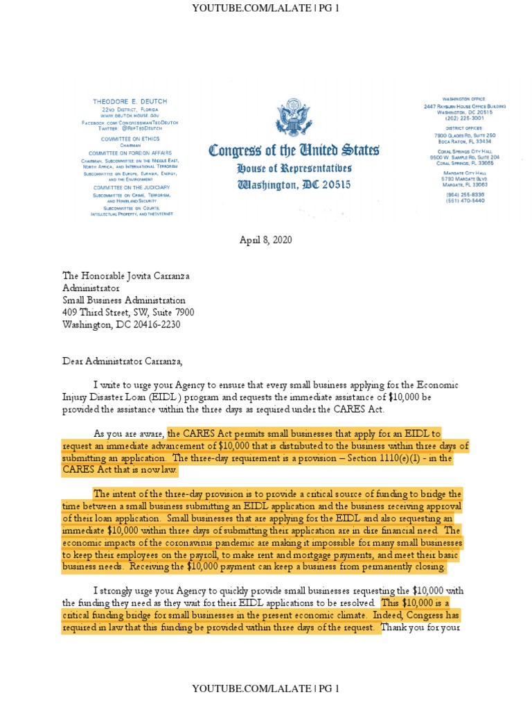 Eidl Letters | PDF | Small Business Administration | American Politicians