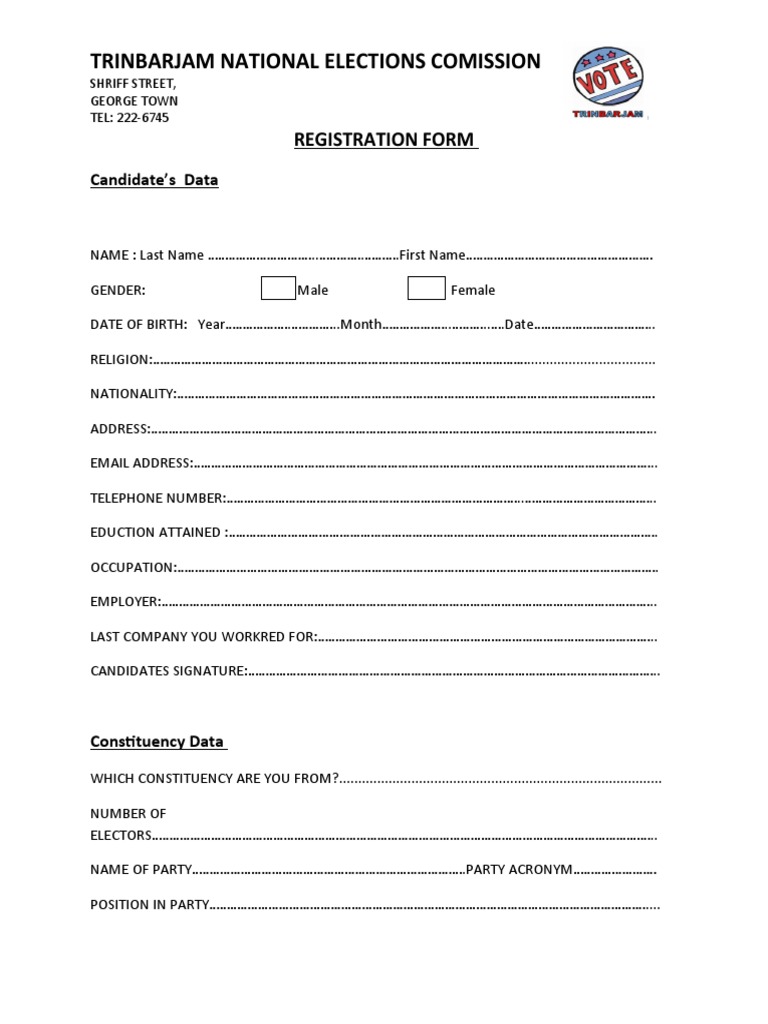 Trinbarjam National Elections Comission: Registration Form | PDF