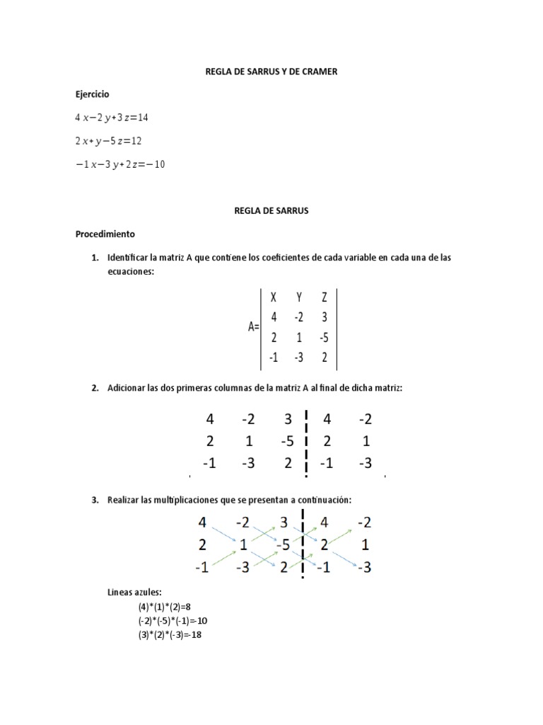 Metodo de Sarrus y Regla de Cramer | PDF | Determinante | Matriz ...