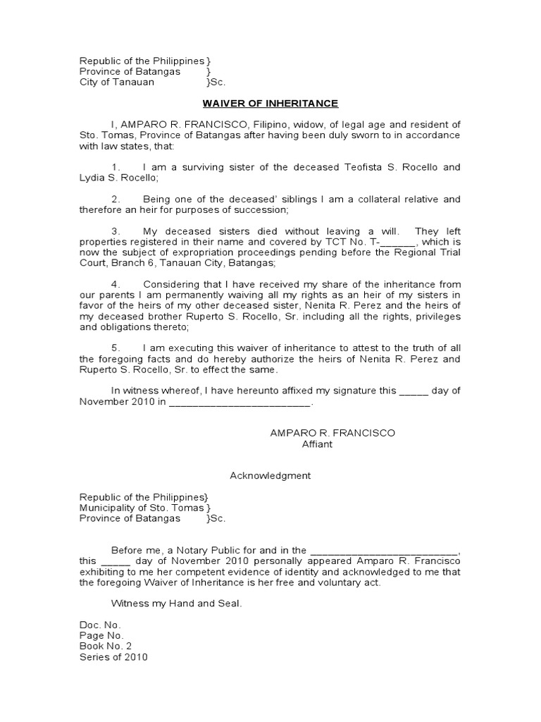 Waiver of Inheritance | PDF | Inheritance | Notary Public