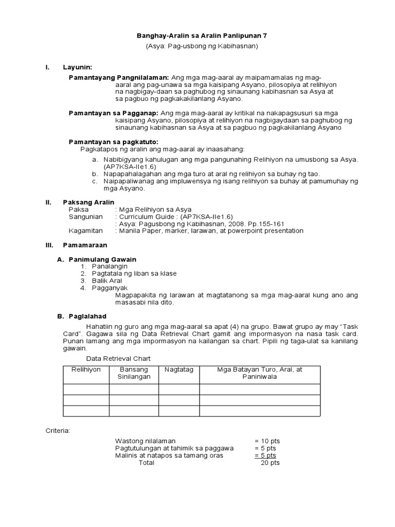 Lesson Plan in AP7 Mga Relihiyon | PDF