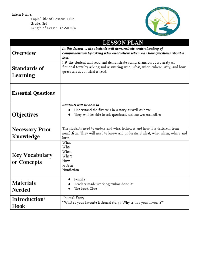 VTFT I Lesson Plan Template Elp Basic Lesson | PDF | Reading ...