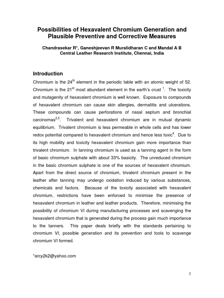 Possibilities of Hexavalent Chromium Generation and Plausible ...
