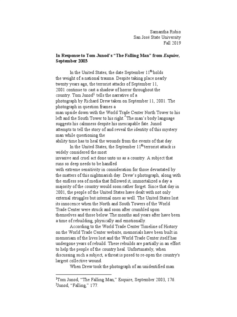 In Response To Tom Junod's "The Falling Man" From Esquire, September ...