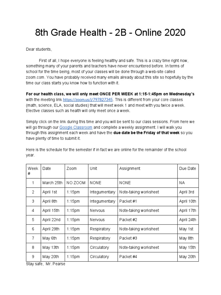8th Grade Health Online Schedule | PDF