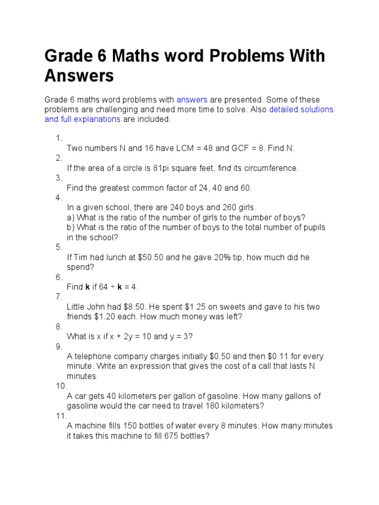 Grade 6 Maths Word Problems With Answers | PDF | Area | Rectangle