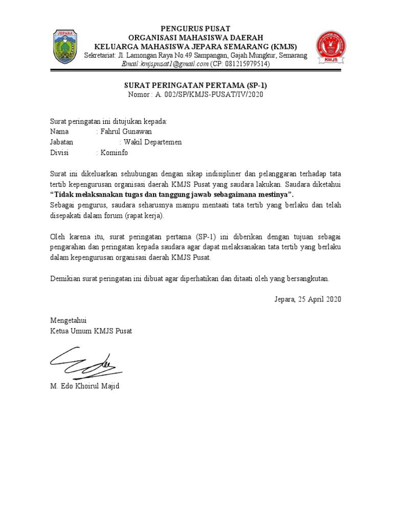 Surat Peringatan Indisipliner KMJS | PDF | Karier & Perkembangan