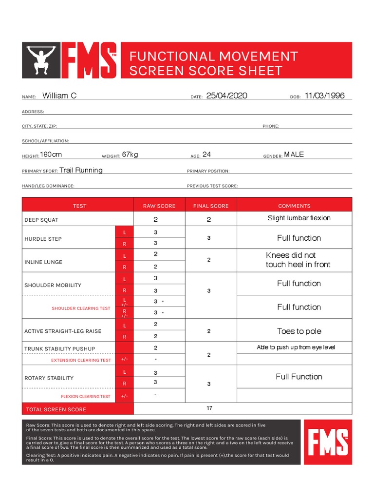 Functional Movement Assessment Score Sheet | PDF | Anatomical Terms Of ...