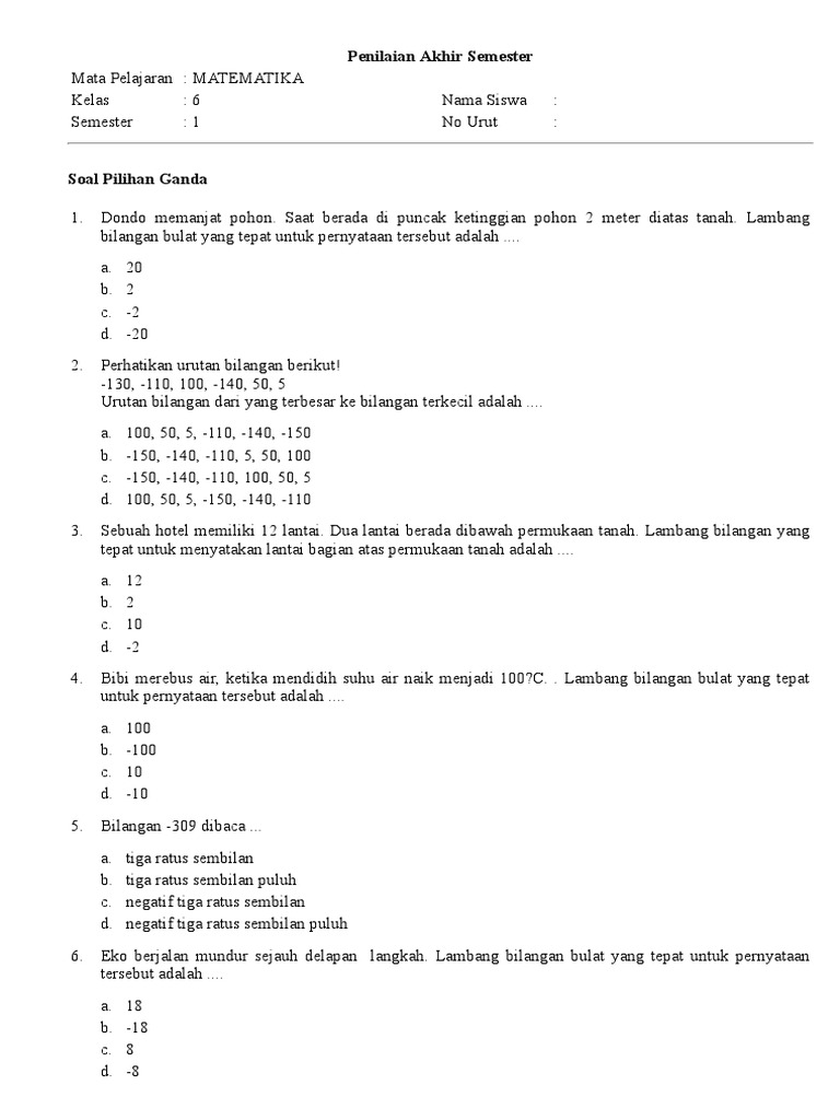 Soal UAS MTK Kelas 6 Semester 2 Terbaru | PDF