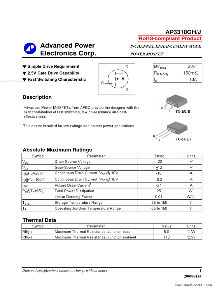 3310GH AdvancedPowerElectronics | PDF | Field Effect Transistor | Physics