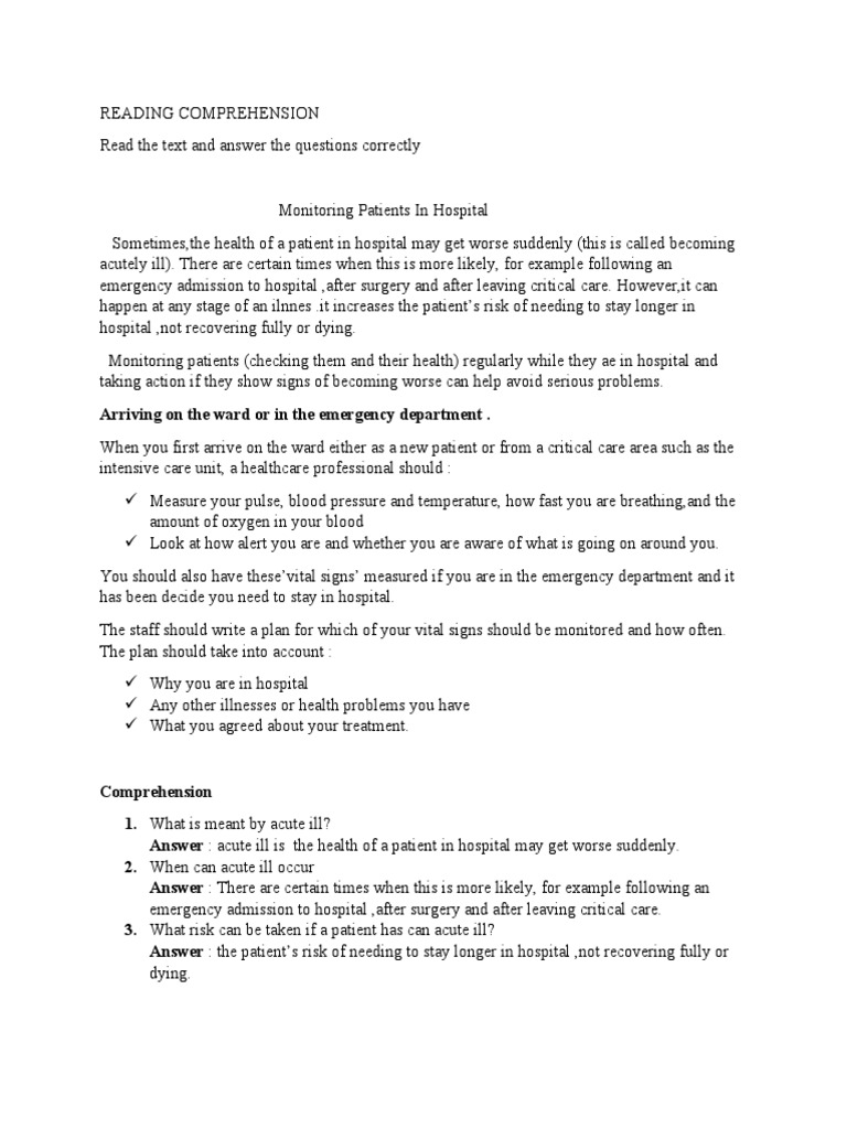 Reading Comprehension | PDF | Hospital | Patient