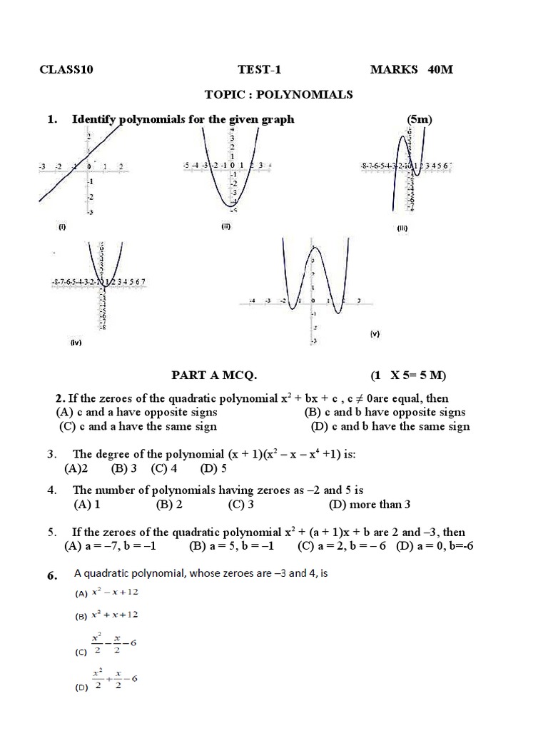 Class 10 Cbse Test Paper For Polynomial | PDF | Polynomial ...