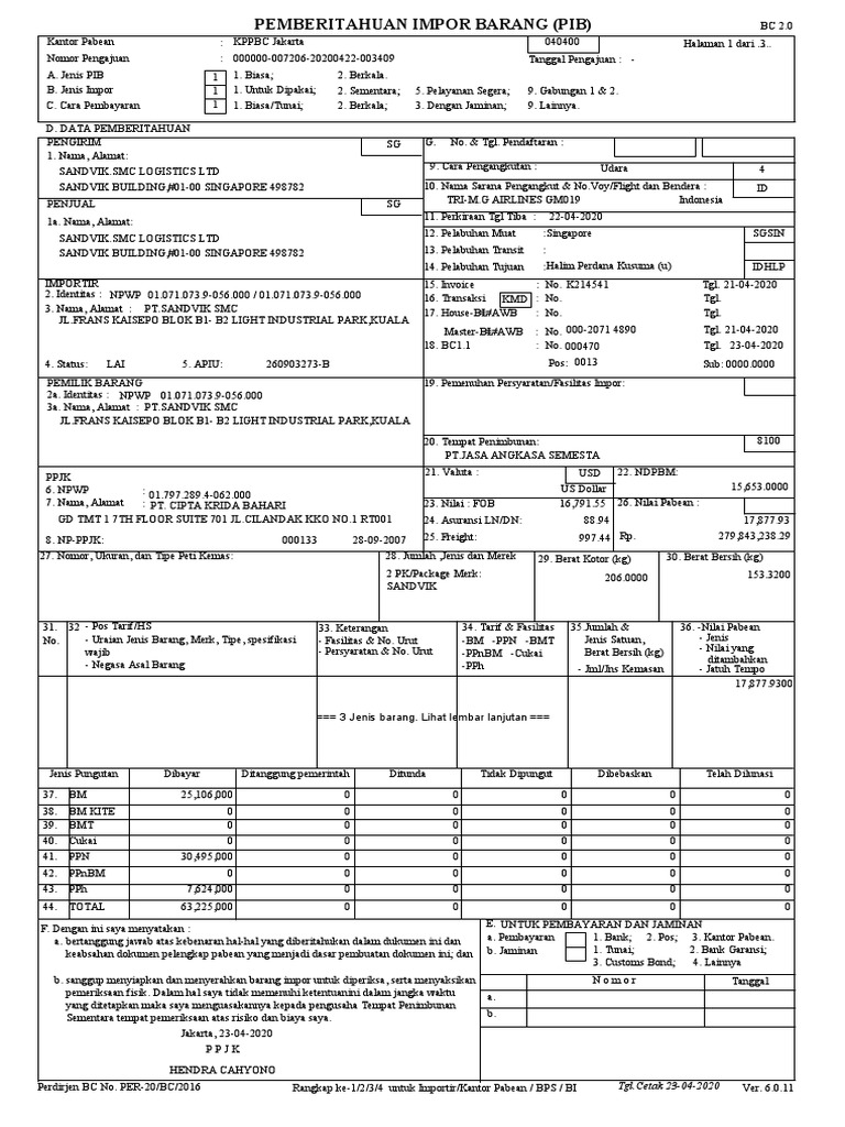 Contoh PIB Import BC 2.0 | PDF