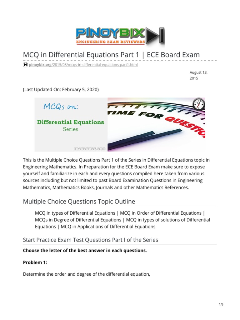 Differential Equations Part 1 ECE Board Exam | PDF | Multiple Choice ...