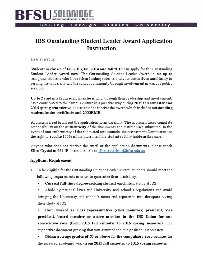 IBS Outstanding Student Leader Award 2023 | PDF | Learning | Behavior ...