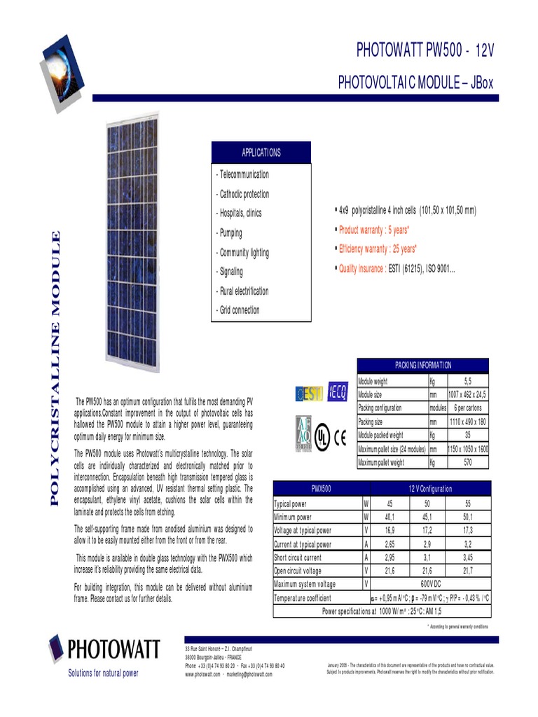 Photowatt Pw500: - 12V Photovoltaic Module - Jbox | PDF | Photovoltaics ...