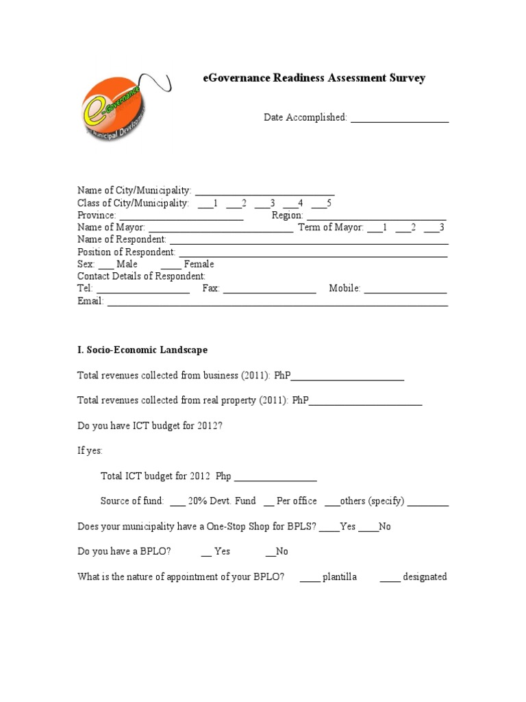 Egovernance Readiness Assessment Survey: I. Socio-Economic Landscape ...