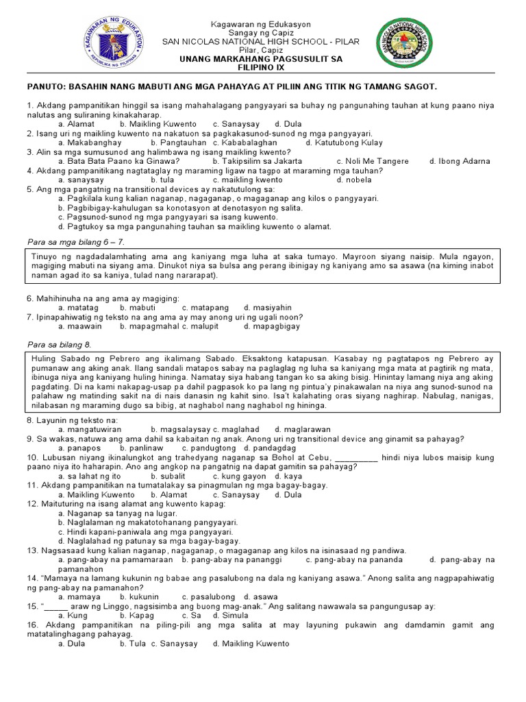 1ST Quarter Filipino 9 | PDF