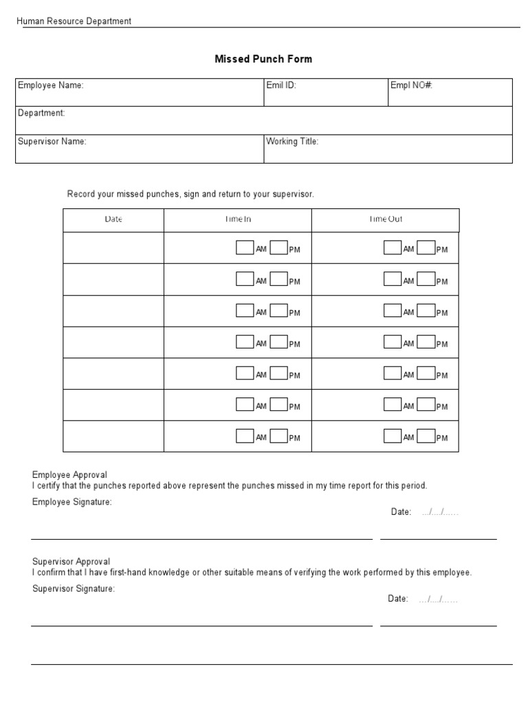 Missed Punch Form: AM PM AM PM | PDF