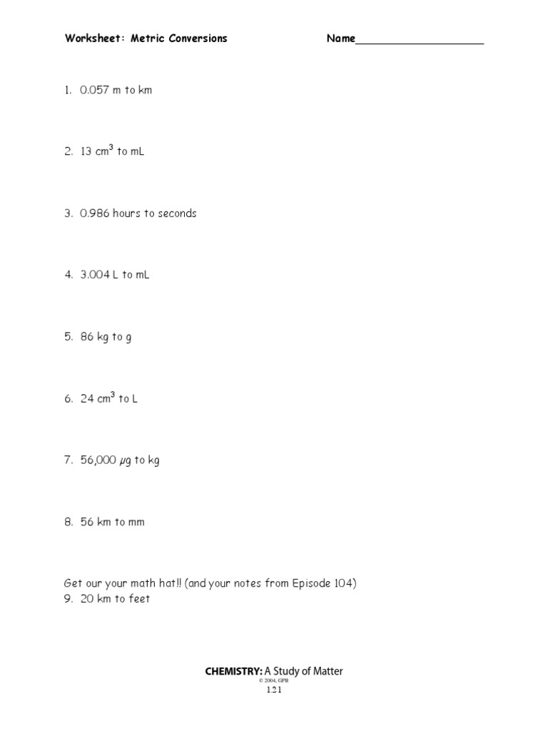 0.057 M To KM: Worksheet: Metric Conversions Name | PDF