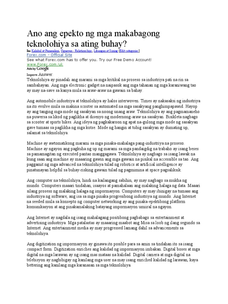 Ano Ang Epekto NG Mga Makabagong Teknolohiya Sa Ating Buhay | PDF